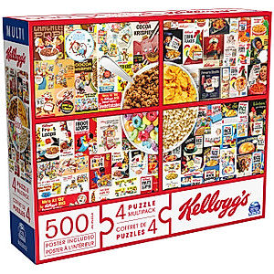 Kellogg’s, 4 Puzzle Multipack, 500 Pieces Combine to Form Mega Puzzle: Cocoa Krispies, Corn Flakes, Fruit Loops, Rice Krispies, for Kids and Adults