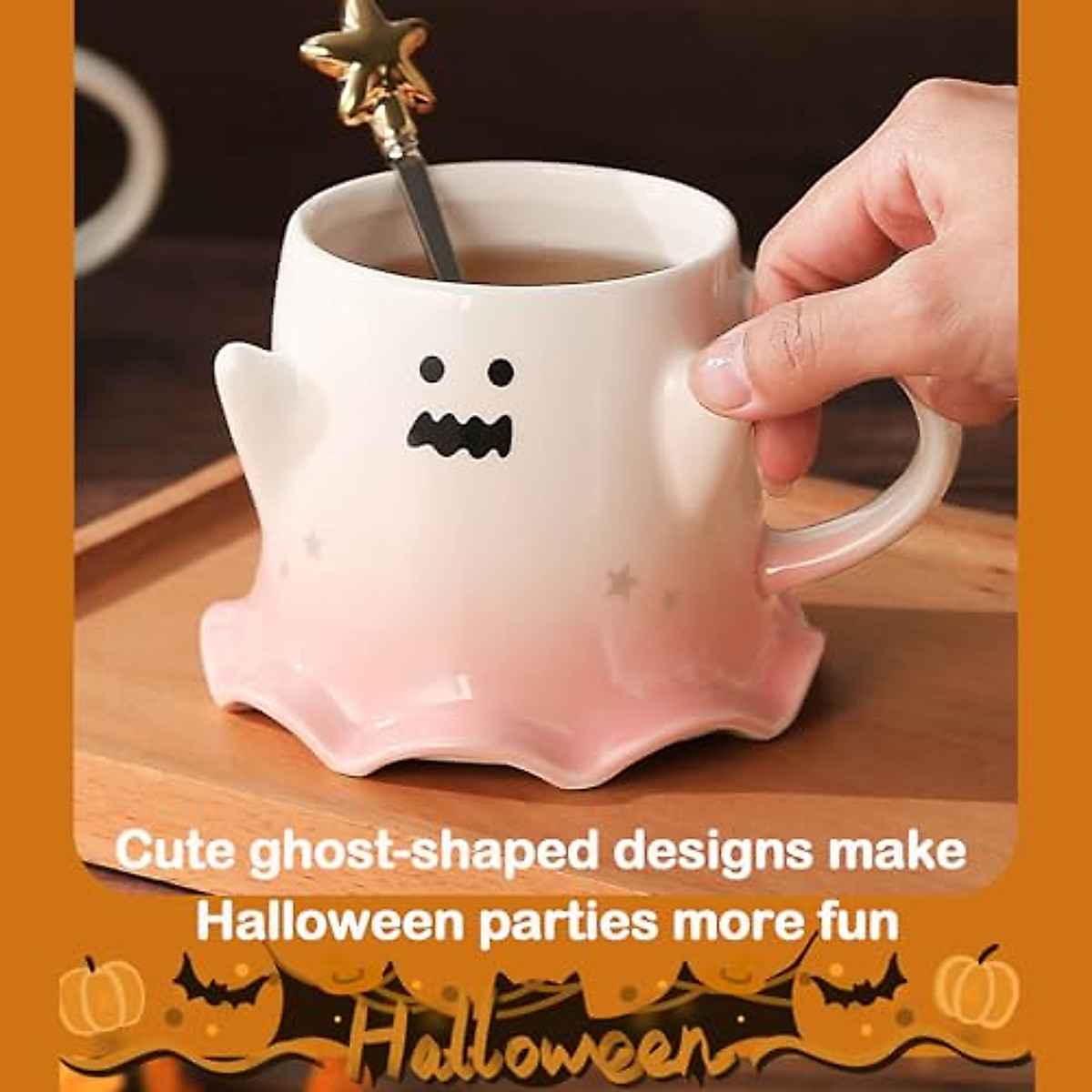 Mycheny Funny Halloween Pink Ghost Shape Ceramic Coffee Cup (14 oz), Cute Cartoon Little Elf Cup