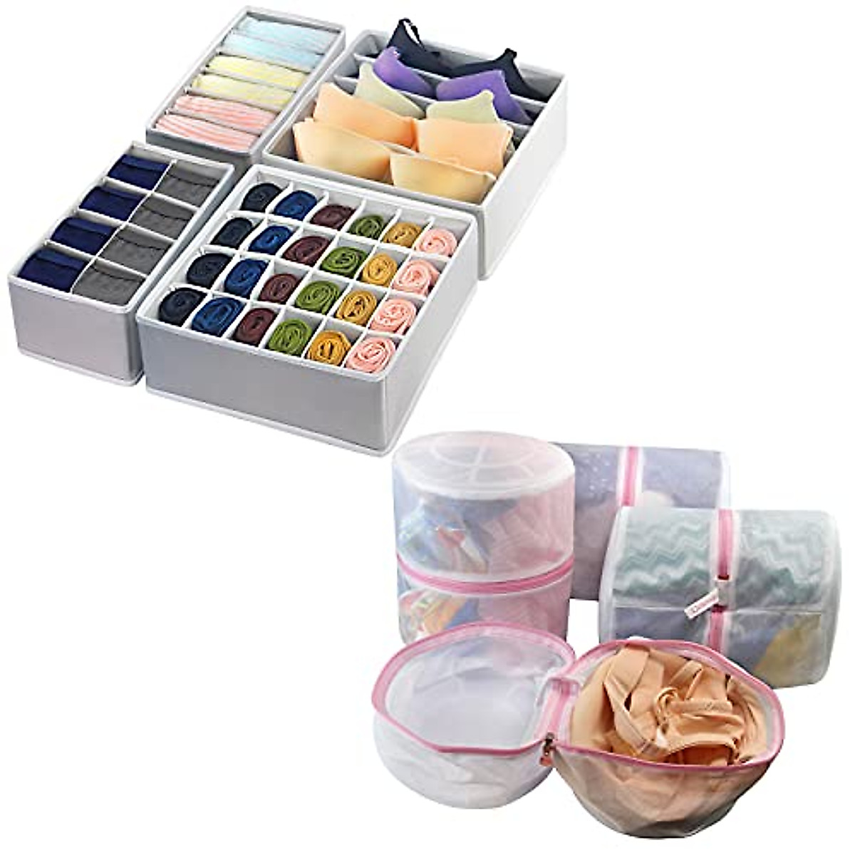 4 Set Laundry Bra Wash Bags + 4 Pack Foldable Clothes Drawer Organizer Set