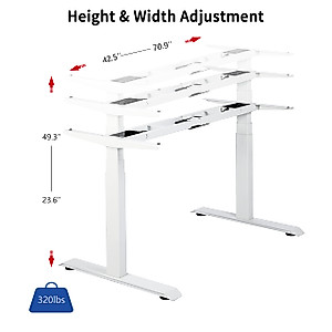 VWINDESK VJ201-S3 Electric Height Adjustable Sitting Standing Desk Frame Only/Sit Stand - Dual Motors 3 Segment Motorized Desk Base Only,White