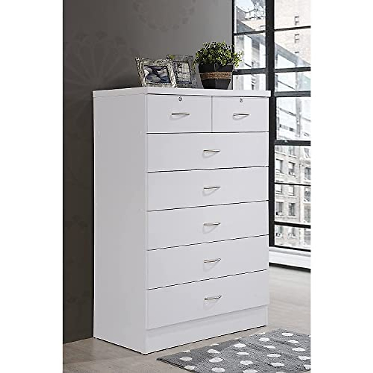 HODEDAH 7 Drawer Wood Dresser for Bedroom, 31.5 inch Wide Chest of Drawers, with 2 Locks on the Top Drawers, Storage Organization Unit for Clothing, White