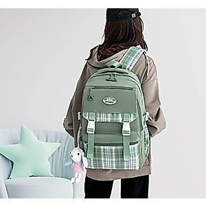 CLESUZ Aesthetic Backpack Plaid School Laptop Backpack Lightweight Travel Backpack for Girls Teens (Green)