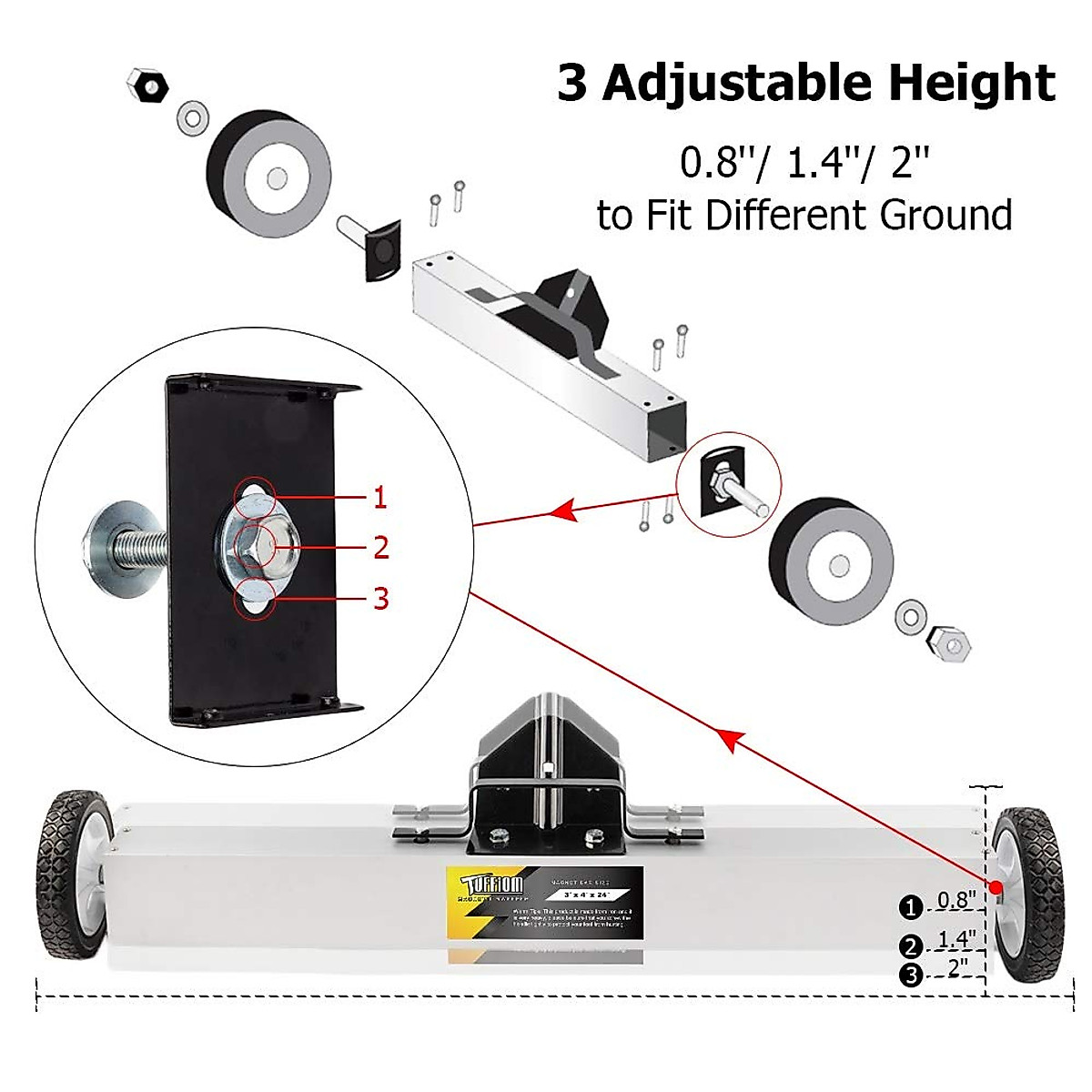 TUFFIOM 24-Inch Rolling Magnetic Pick-Up Sweeper | 30-LBS Capacity, with Quick Release Latch & Adjustable Long Handle, for Nails Needles Screws Collection
