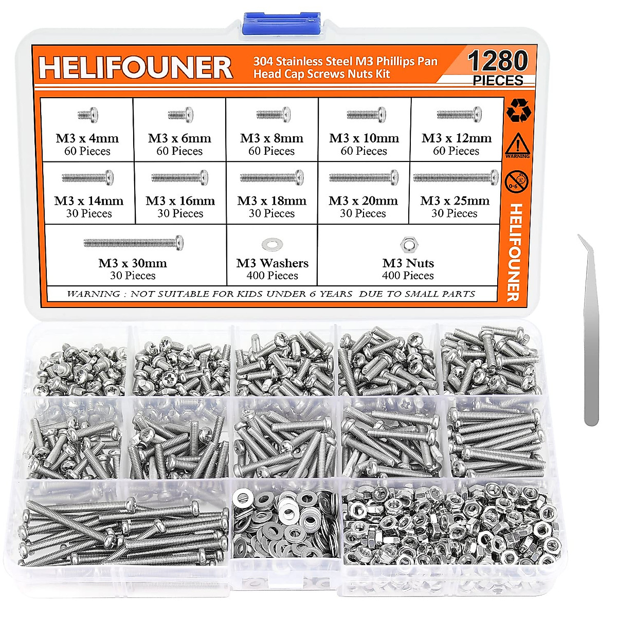 HELIFOUNER 1280 Pieces M3 x 4mm /6mm /8mm /10mm /12mm /14mm /16mm /18mm /20mm /25mm / 30mm, Phillips Pan Head Machine Screws, Metric Screws Bolts Washers Nuts Kit, 304 Stainless Steel