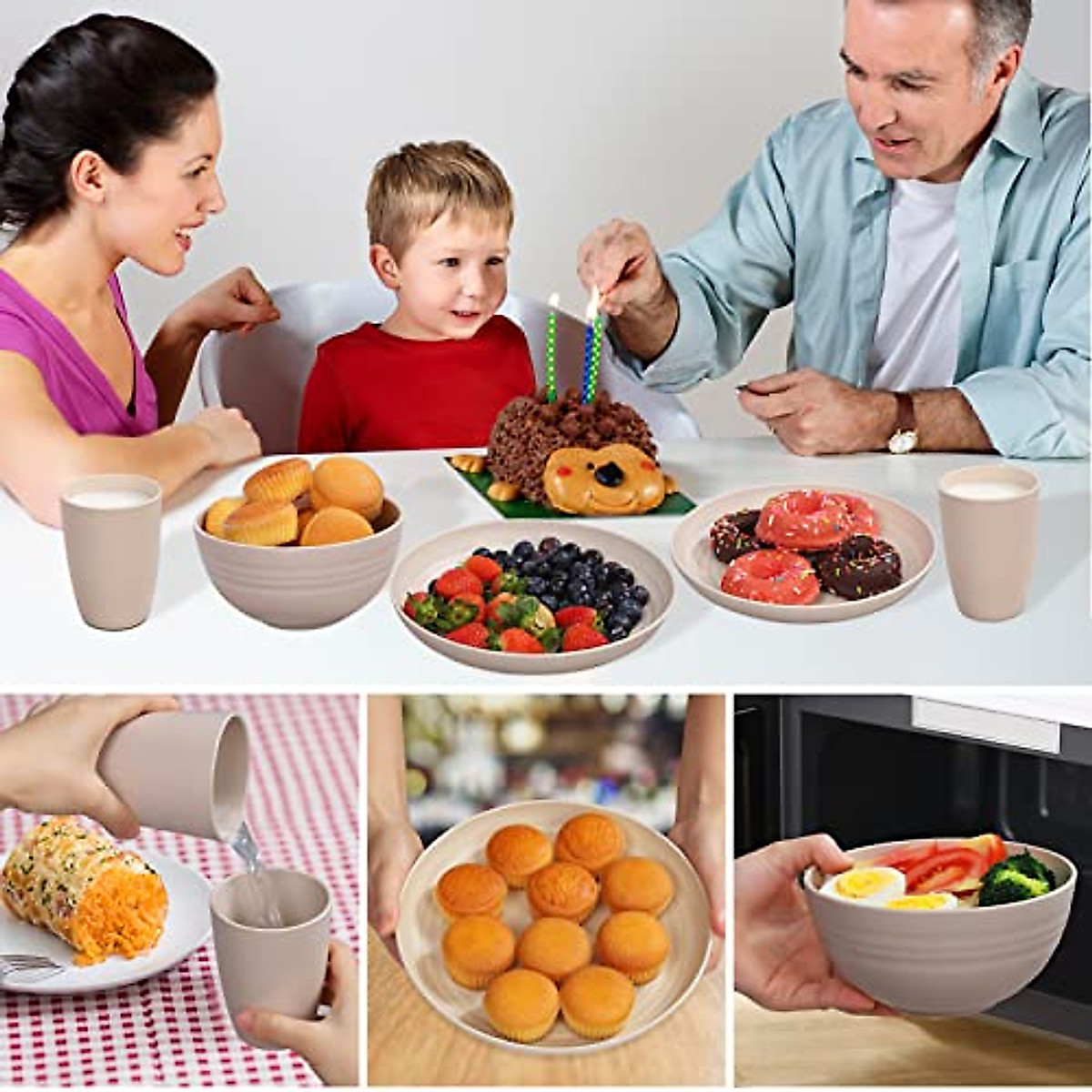 Wheat Straw Dinnerware Sets, 28PCS Plastic Plates and Bowls Sets College Dorm Room Essentials Dishes Set with Cutlery Set Microwave Safe (Beige)