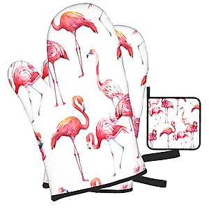 Moslion Outdoor Tropical Flamingo Oven Mitts and Potholders Watercolor Pink Flamingos Birds Animals Exotic Cute BBQ Gloves-Oven Mitts Pot Holders Cooking Gloves for Cooking Baking Grilling