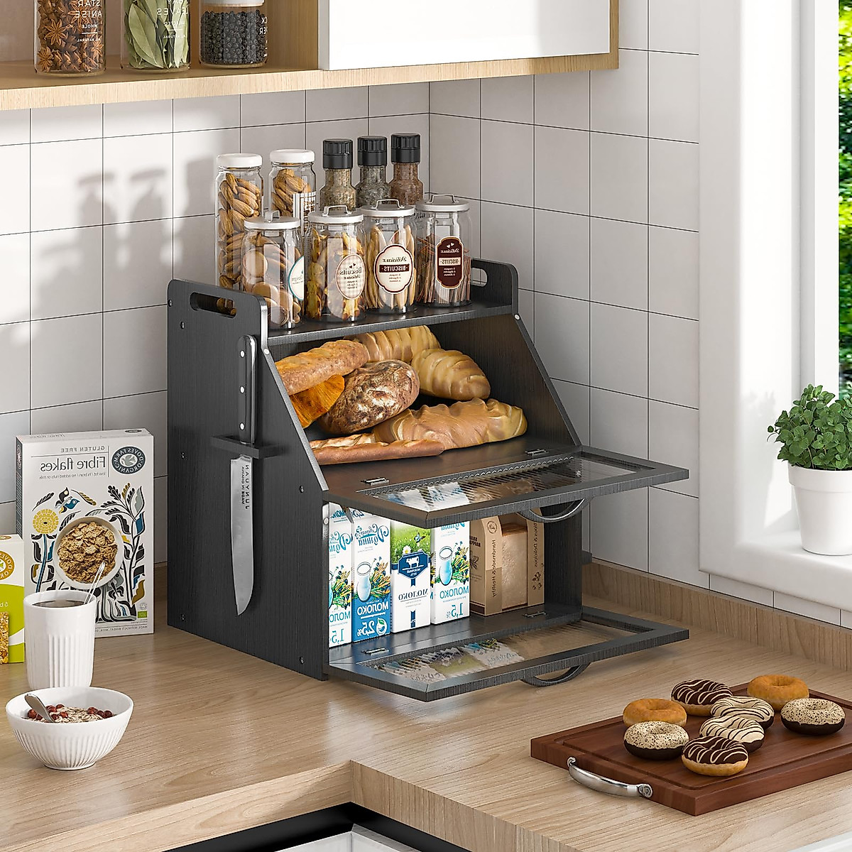 Bread Box, Bread Box for Kitchen Countertop, Large Bread Storage Container for Homemade Bread, Wooden Farmhouse Breadbox Organizers, Double Layer Bread Bin with Acrylic Window Bread Holder,Black