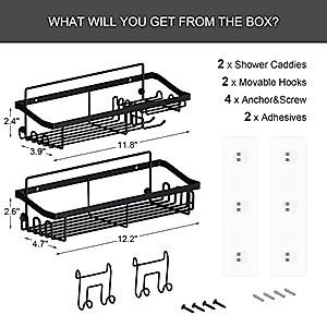 Shower Caddy Shelf Organizer Storage Rack (2-Packs), Adhesive Black Bathroom Accessories Basket Shelves with 13 Hooks & 2 Removable Hooks, No Drilling Wall Mount Shower Storage Accessories