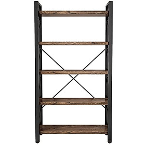 LZ-DONGMAN 5 Tier Bookshelf Rustic Solid Wood Industrial Style Bookcase,Metal and Real Wood Vintage Bookshelf,Book Shelves Home Office, Retro Brown,Dark Matching credenza(LZ01-05tier)