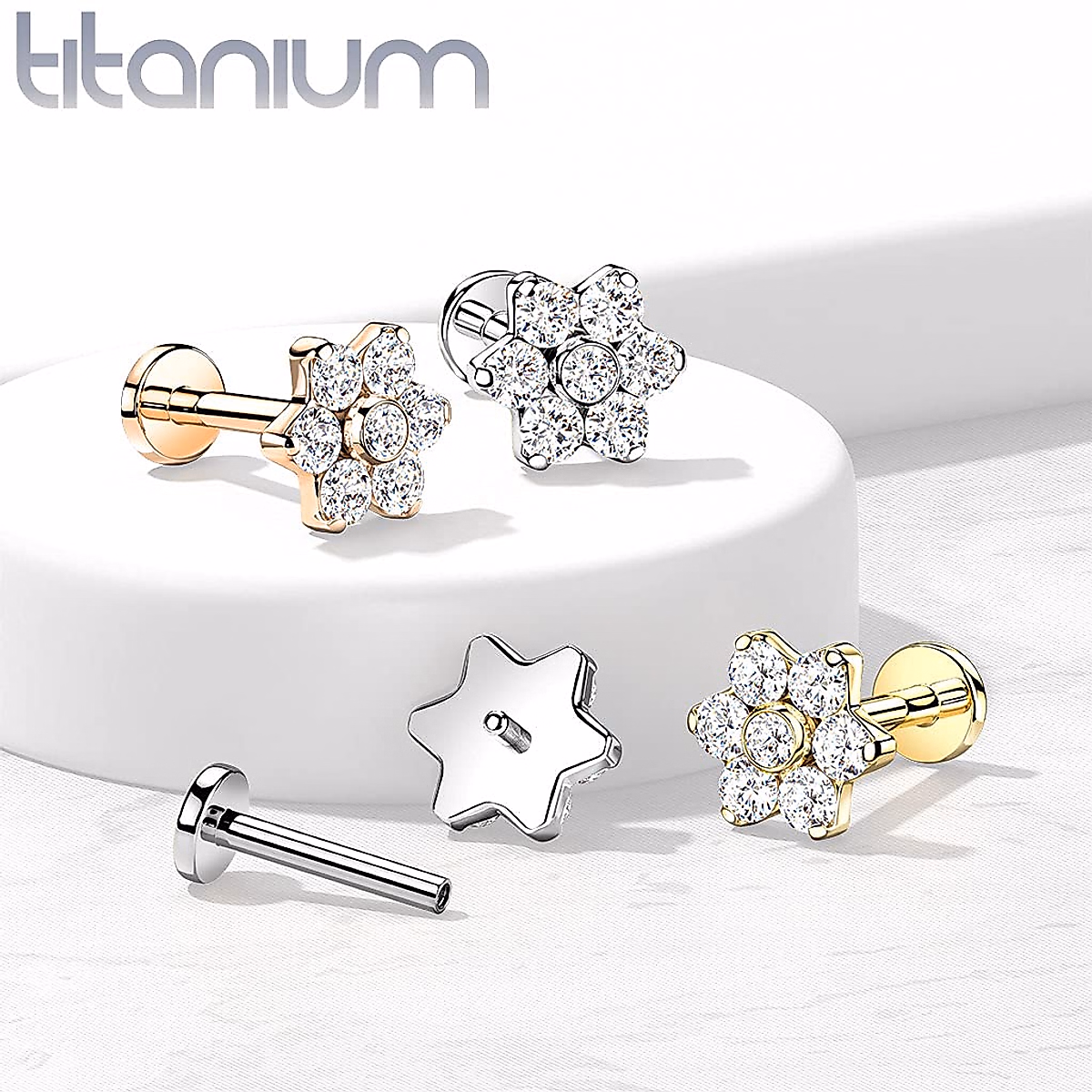 Dynamique Implant Grade Titanium Internally Threaded Labret, Flat Back Studs With 6 CZ Set Flower Top (Sold Per Piece)