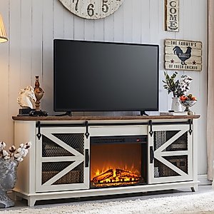 OKD Fireplace TV Stand for 70 75+ Inch TV, Industrial & Farmhouse Entertainment Center w/23 Electric Fireplace & Sliding Barn Door, Rustic Media Console Cabinet for Living Rooms, Antique White