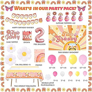 122 PCs Two Groovy Party Decorations, Fiesec Two Groovy Boho Daisy Hippie Second Birthday Party Backdrop Balloon Garland Banner Tablecloth Cake Cupcake Topper Crown Poster