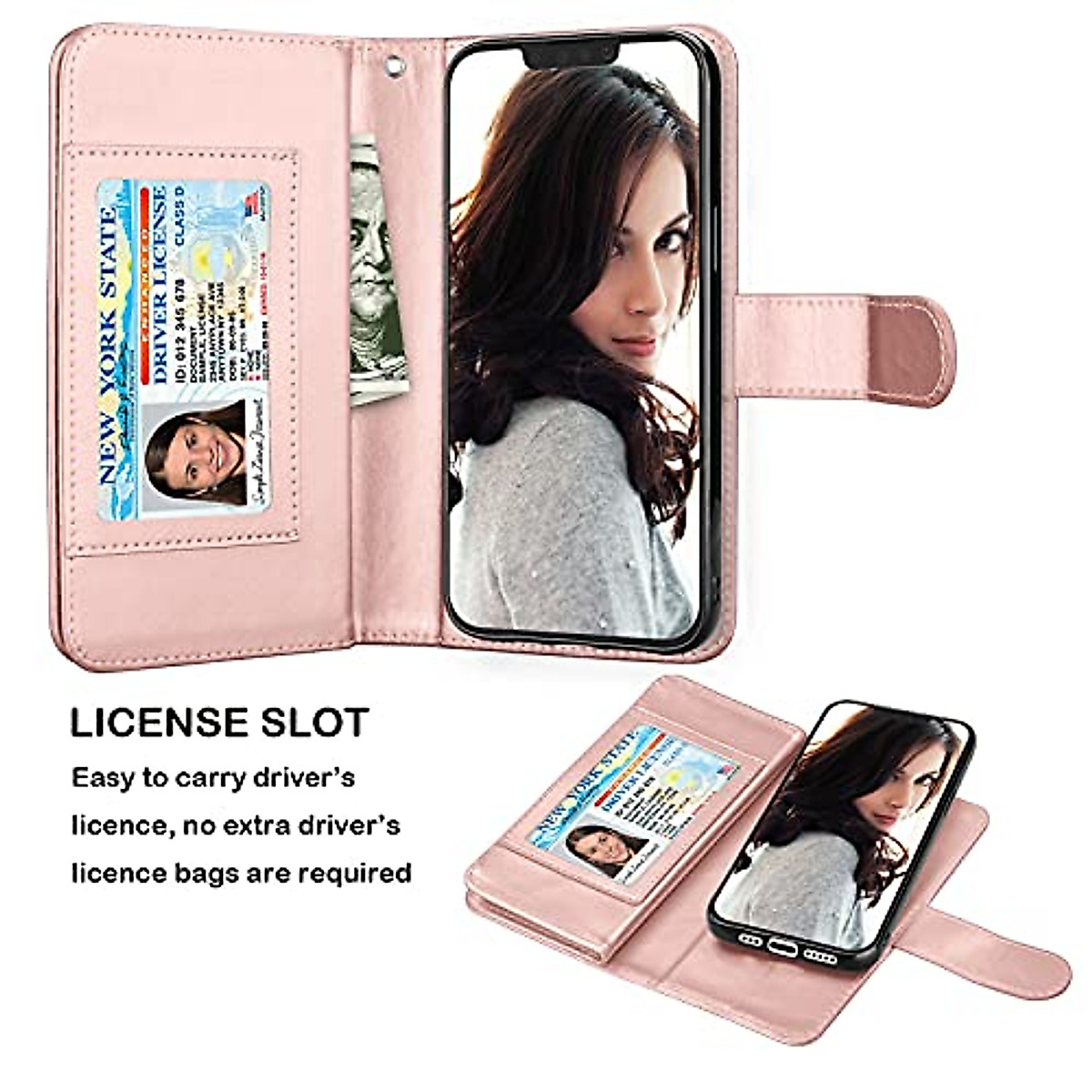 NJJEX Compatible with iPhone 13 Pro Case/iPhone 13 Pro Wallet Case 6.1" (2021), [9 Card Slots] PU Leather ID Credit Holder Folio Flip [Detachable] Kickstand Magnetic Phone Cover & Lanyard [Rose Gold]