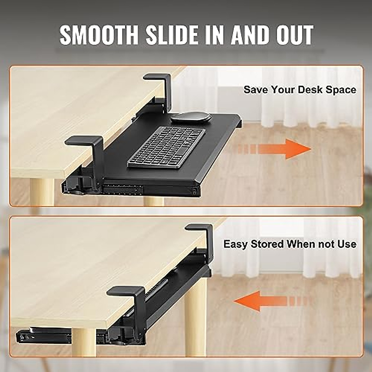 VEVOR Clamp on Keyboard Tray Under Desk, Desk Keyboard Tray Slide Out with Sturdy No-Drill C Clamp Mount, Large 26.8 x 11 inch Slide-Out Computer Drawer for Typing in Home, Office Work