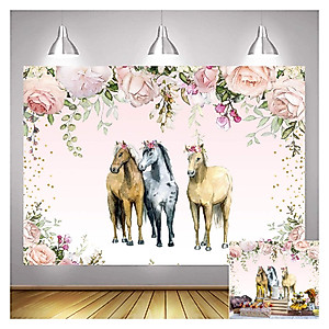 Pink Flower Countryside West Cowboy Cowgirl Horse Theme Photography Backdrop 5x3ft Children Boy or Princess Girl Birthday Photo Background Baby Shower Party Supplies Banner Cake Table Decor Vinyl