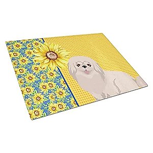 Caroline's Treasures WDK5456LCB Summer Sunflowers White Pekingese Glass Cutting Board Large Decorative Tempered Glass Kitchen Cutting and Serving Board Large Size Chopping Board