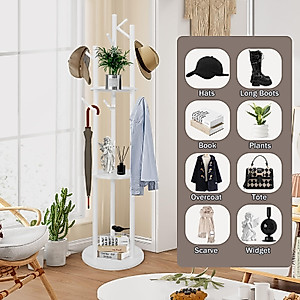 XIDIHF Freestanding Coat Rack with 9 Hooks & 3 Storage Shelves, Wooden Hat Rack Stand for Entryway, Hallway & Bedroom – Ideal for Hanging Clothes, Hats, Bags, Keys, White