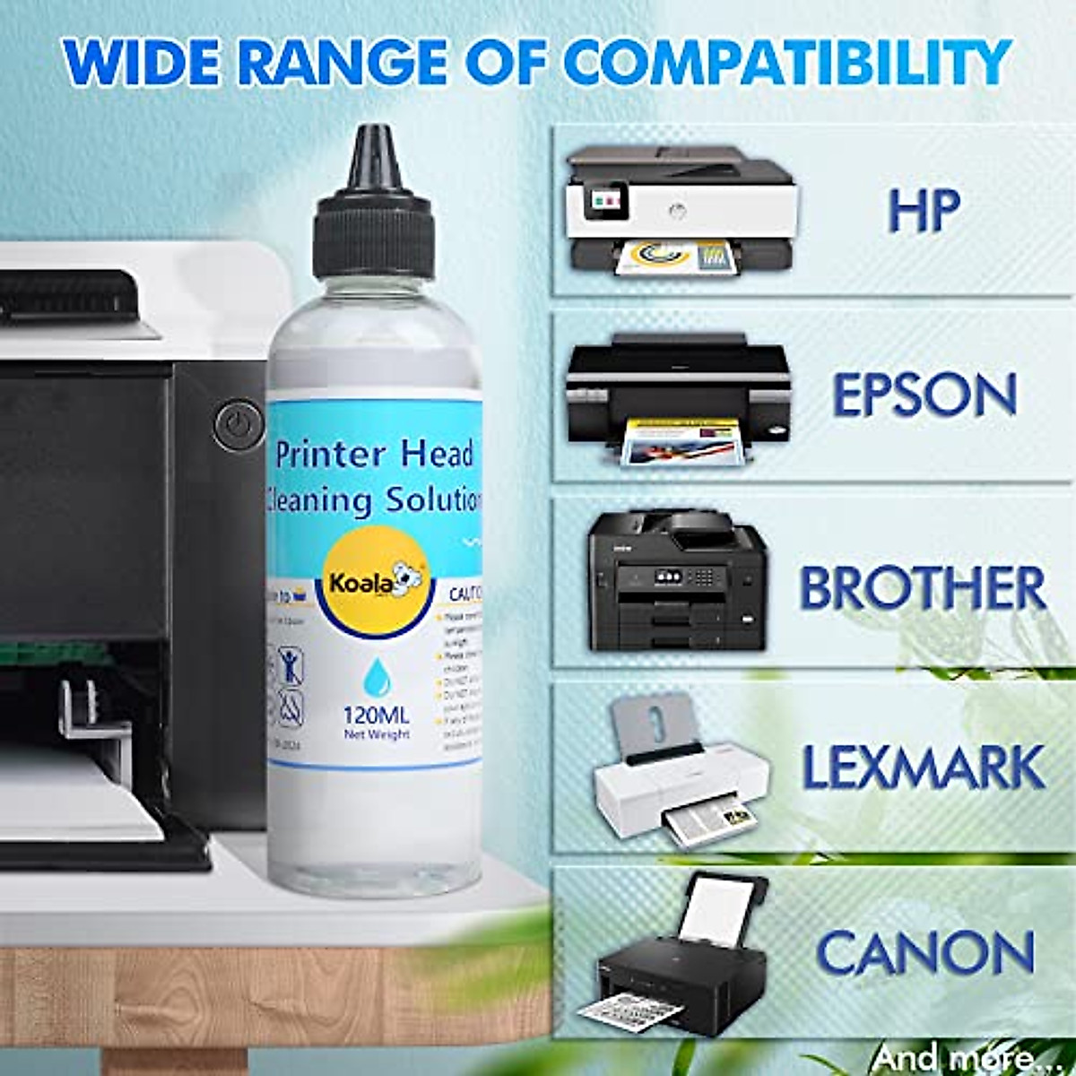 Koala Printhead Cleaning Kit, Printer Cleaning Kit 120ml Compatible with Epson/Canon/Brother/HP Inkjet Printers ET-2720 ET-2803 ET-4800 ET15000 WF7710 XP4105 etc.