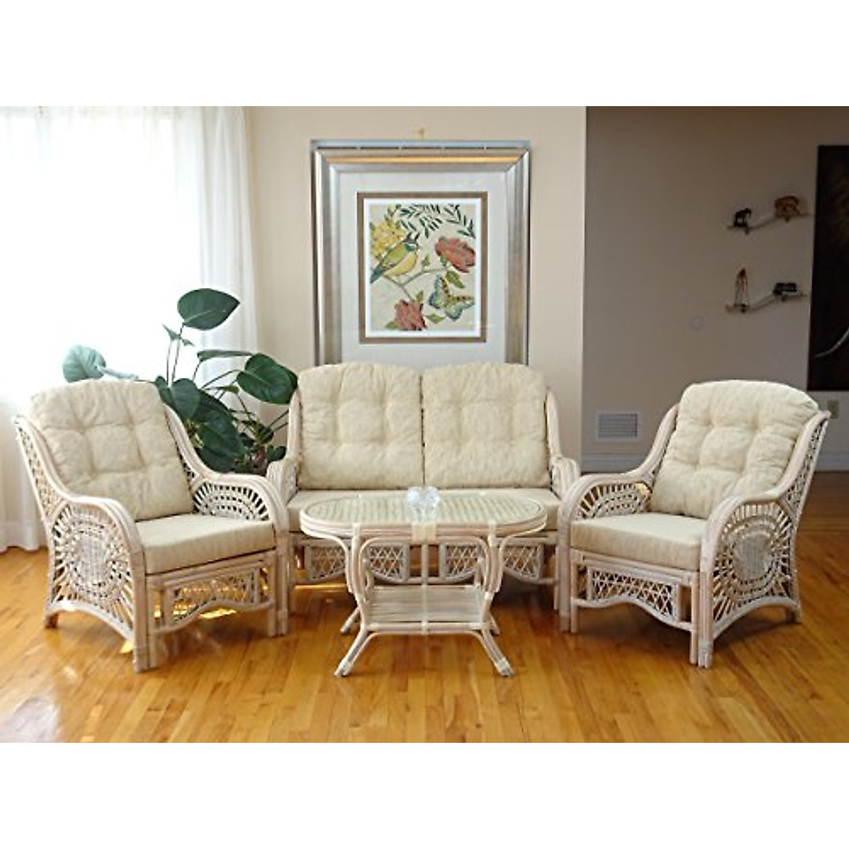 Malibu Lounge Set of 4: 2 Natural Rattan Wicker Chairs, Loveseat with Cream Cushions and Coffee Table w/Glass Handmade, White Wash