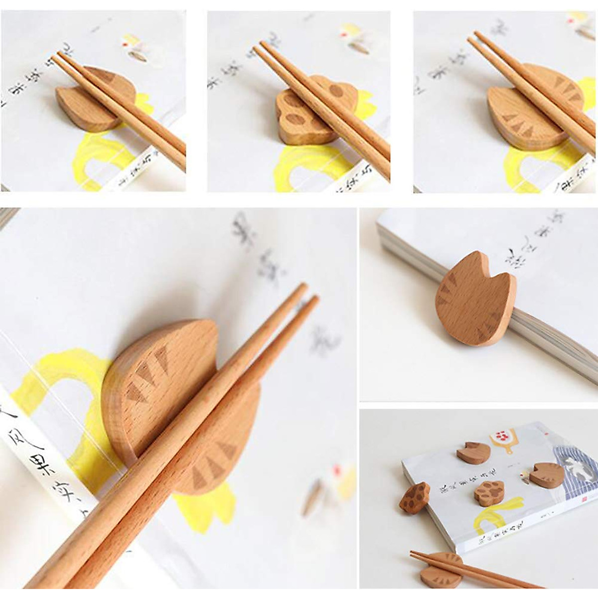 Kungfu Alien Wooden Cat Chopstick Holder Cute Home Decorative Spoon Fork Knife Stand Rest, 6Pcs