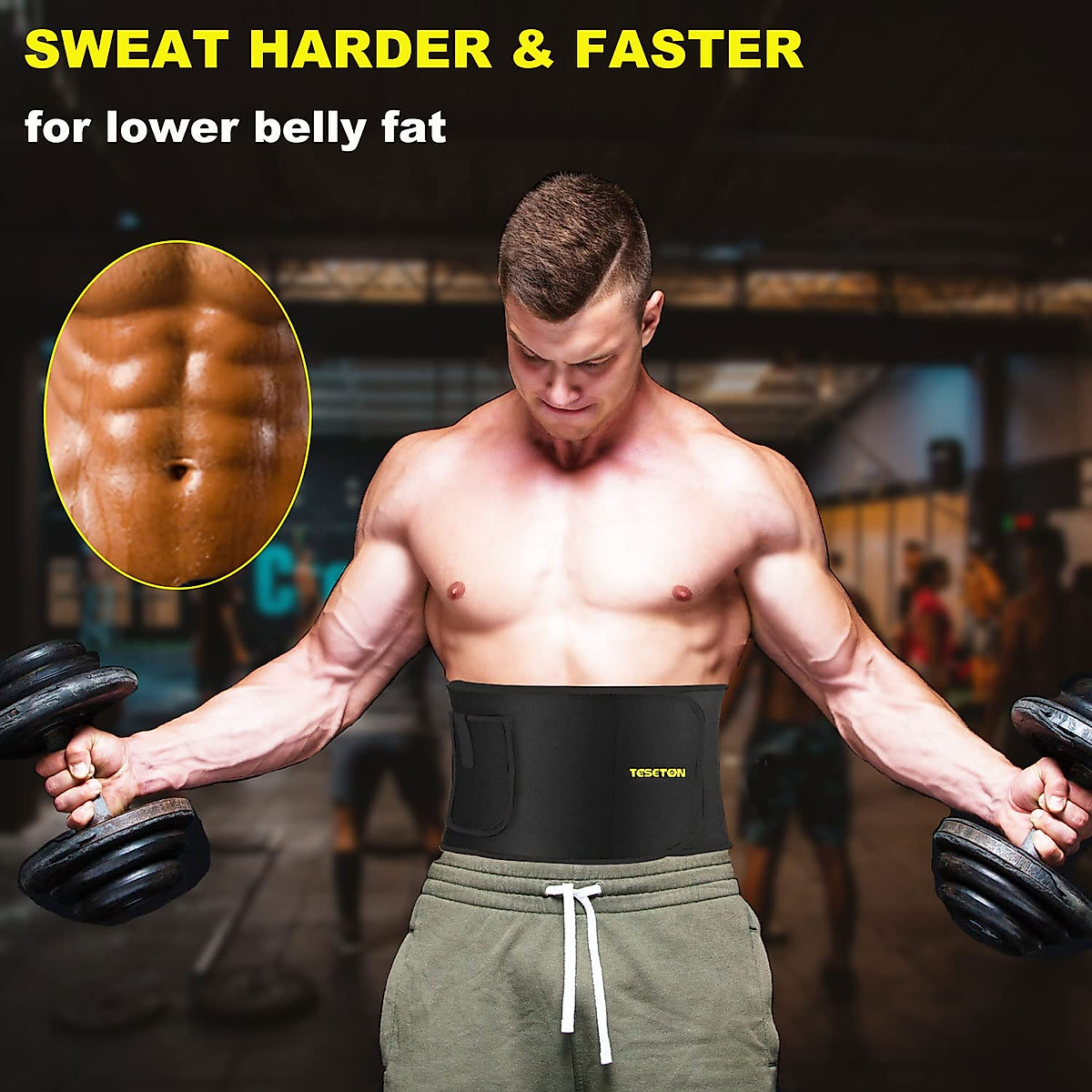 TESETON Plus Size Waist Trainer for Men Women, Waist Trimmer for Men Women, Sweat Belt Plus Size, Wraps for Belly Fat, Sauna Stomach Sweat Band Sport Fitness 01 Black XL