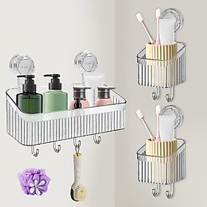 3 Pack Clear Shower Caddy Suction Cup, No Drilling Removable Shower Shelf, Plastic Suction Cup Shower Caddy for Bathroom Storage & Kitchen, 1 Second Installation, Rustproof Waterproof, Max Hold 22lbs
