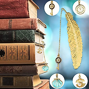 4 Pieces Metal Feather Bookmarks Pendant Bookmark Gold Retro Book Page Markers,Perfect Gift for Reader,Women,Kids,Students, Teachers,Friends and Book Lovers(Key,Sea Shell,Treasure,Clock）