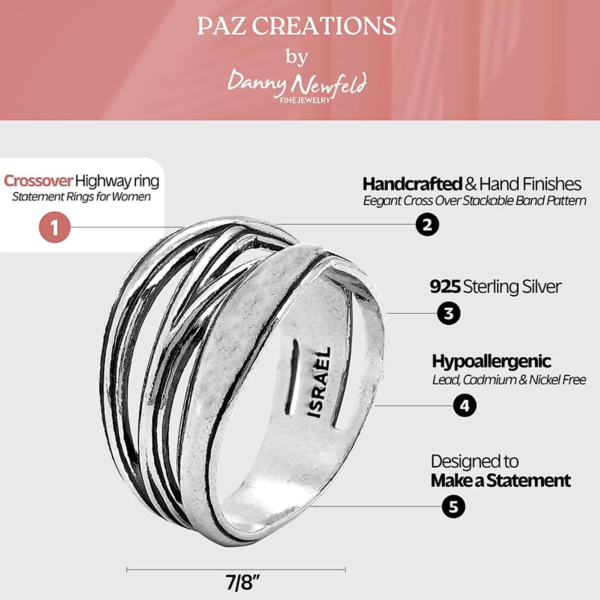 PZ Silver 10 Criss Cross Ring, Sterling Silver Ring for Women, Silver Statement Ring, Silver Stackable Rings for Women, Hypoallergenic Jewelry for Women (Size 10)
