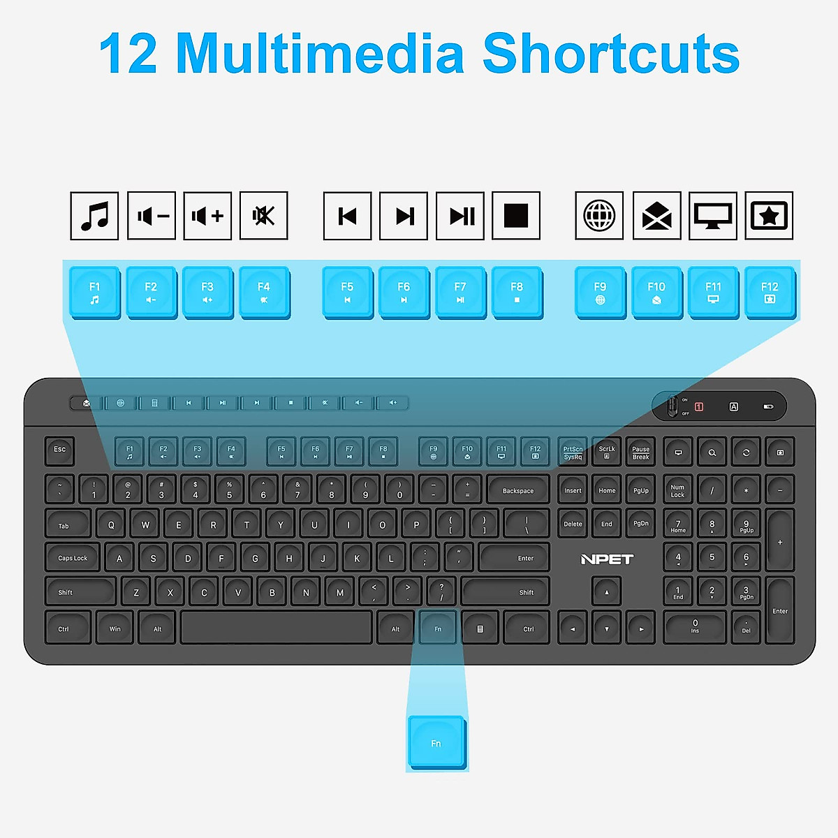 NPET WK20 Wireless Keyboard for Windows, 2.4 GHz Wireless, Full-Size, Number Pad, 14 Multimedia Keys, 2-Year Battery Life, Compatible with PC, Laptop