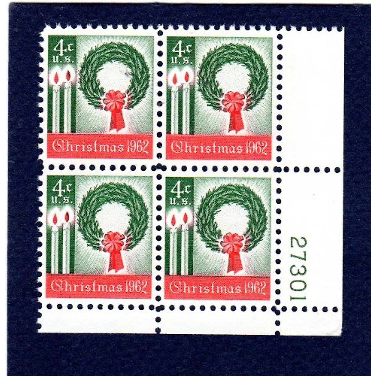 Postage Stamps United States. Plate Block #27301 of Four 4 Cents Green & Red, Wreath and Candles, Christmas Issue, Stamps Dated 1962, Scott #1205.