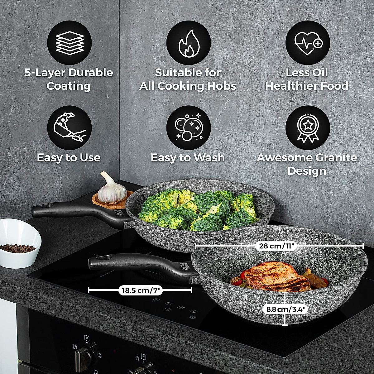Wok Nonstick - Flat Bottom, Cast Aluminum Stir Fry Pan Non-Scratch Coating for Cooking, Boiling, Sautee, Steam - Ideal for Gas, Electric, Induction & Ceramic Stoves (11 inch Wok)