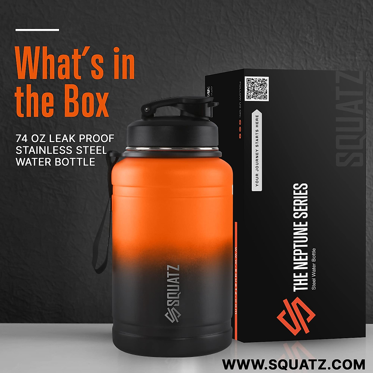 SQUATZ 74 Oz Neptune Series Steel Water Bottle, Stainless Double Wall Vacuum Insulated Jug with Handle Strap, Large Capacity Leak Proof Wide Mouth Thermos for Gym, Travel, Hiking, and Camping