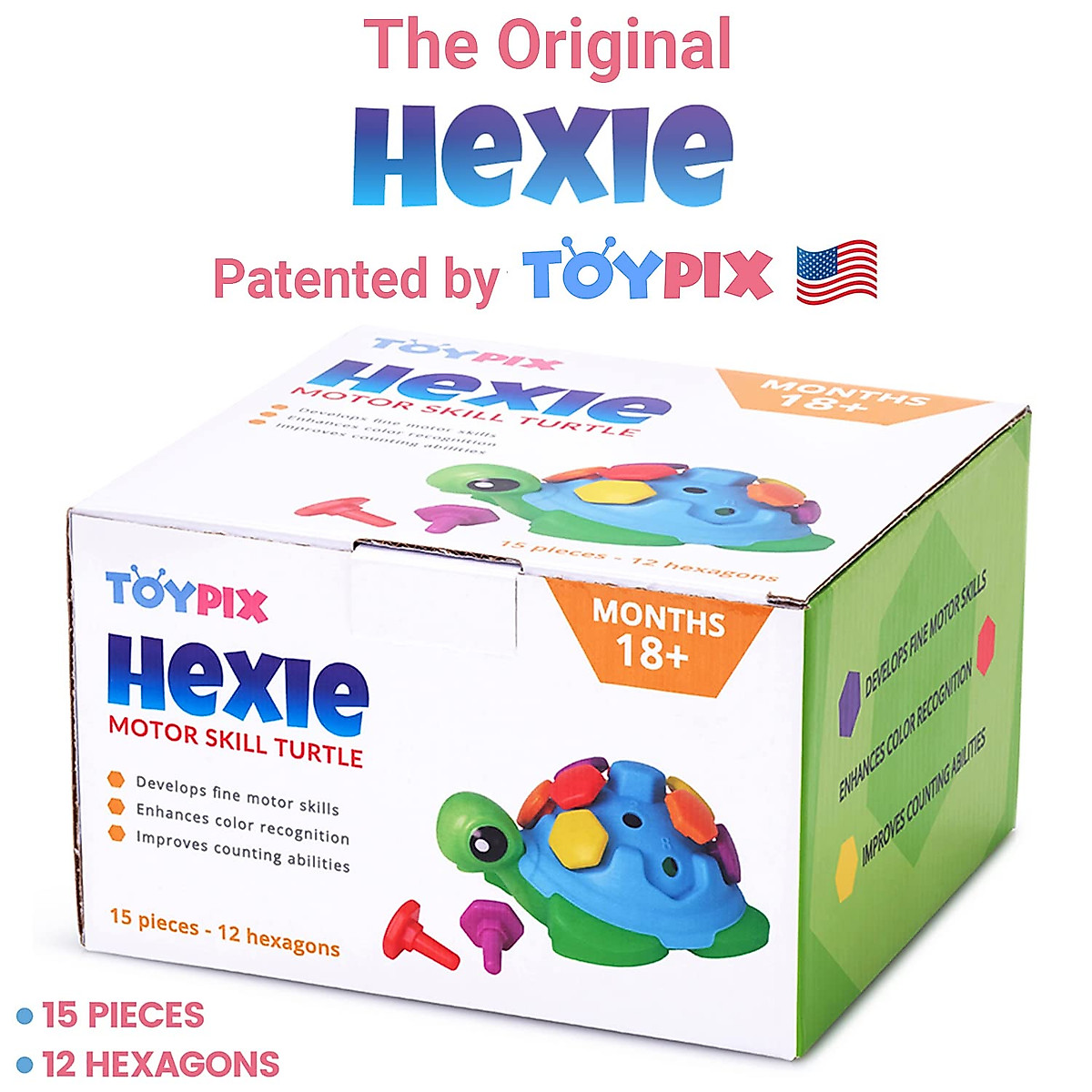 Hexie Turtle Fine Motor Skills Toys - for 2 Year Old | Unique Toy Gift for Toddler, with Numbers and Pegs for Learning and Occupational Therapy | Montessori Toys for Ages 1-3