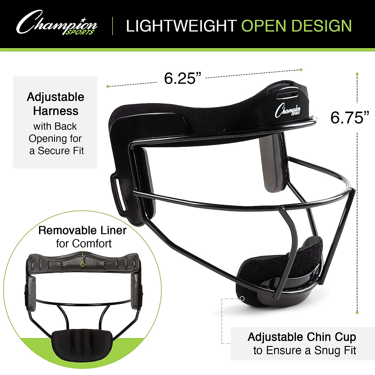 Champion Sports Steel Softball Face Mask - Classic Fielders Masks for Youth - Durable Head Guards - Premium Sports Accessories for Indoors and Outdoors - Black