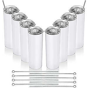 20 Oz Skinny Travel Tumblers, 8 Pack Stainless Steel Skinny Tumblers with Lid Straw, Double Wall Insulated Tumblers, Slim Water Tumbler Cup, Vacuum Tumbler Travel Mug for Coffee Water Tea, White