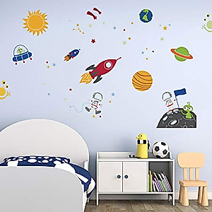 decalmile Planets Space Wall Stickers Rockets Stars Children Wall Decoration Sticker for Children's Bedroom Baby Living Room