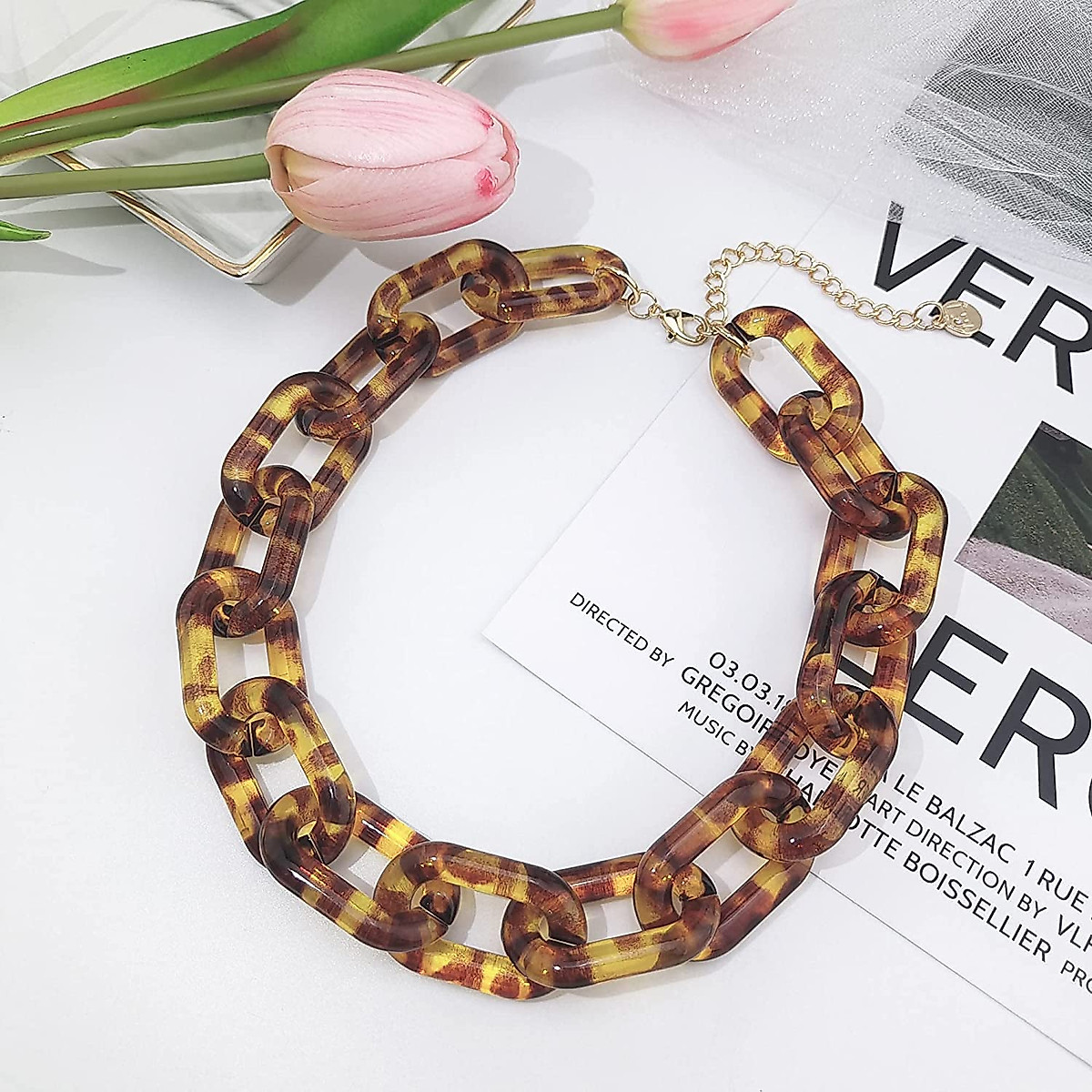 Firstmeet Chunky Acrylic Tortoise Shell Oval Link Chain Choker Necklace for Women(XL-1115-Brown)