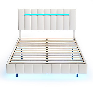 Harper & Bright Designs Queen Upholstered Bed with LED Lights and USB Charging, Floating Queen Bed Frame, Faux Leather Platform Bed with Wooden Slats Support for Kids Teens Adults (Queen Size, White)