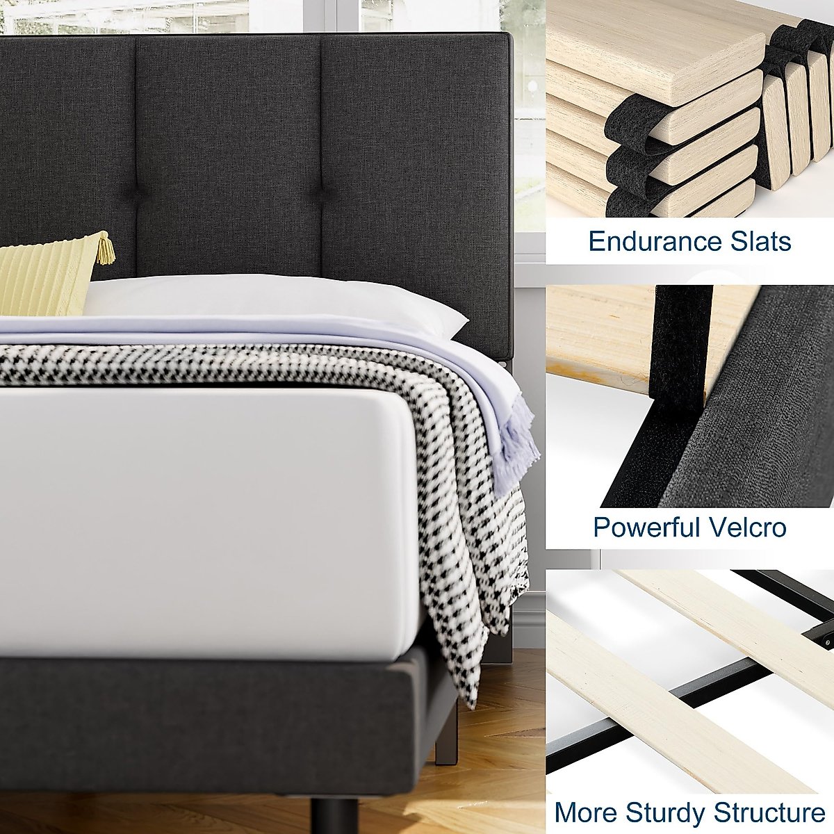Generic Full Size Bed Frame Upholstered Platform with Headboard, Linen Fabric Wrap, Strong Frame and Wooden Slats Support, Easy Assembly No Box Spring Needed,Non-Slip and Noiseless, D Dark Grey