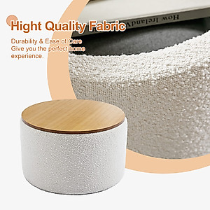 ONEVOG Large Ottoman Round Storage Ottoman with Wooden Lid, Living Room Round End Table No Assembly Required, Durable Boucle Fabric, Multipurpose End Table Support 300lbs