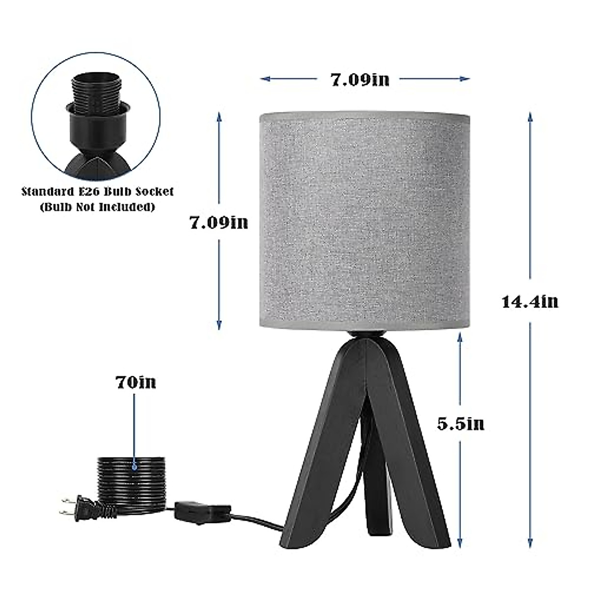 smusei Table Lamp Small Bedside Lamp for Nightstand Side Table Lamp with Grey Fabric Lampshade Modern Table Lamp for Home Office, Study Room, Bedroom, Living Room, Dorm (Grey & Black)