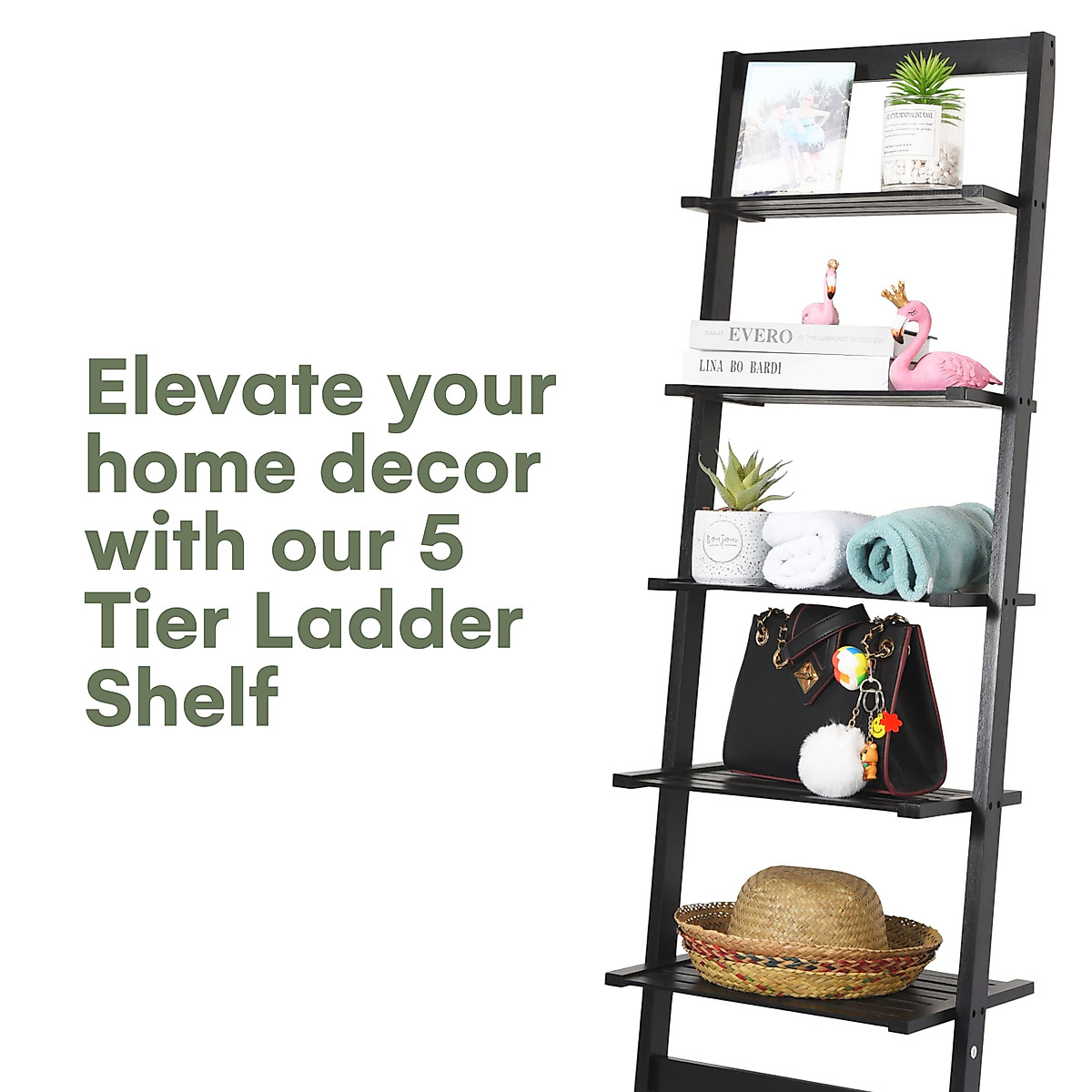 Hallops 5 Tier Black Ladder Shelf - Leaning Wooden Bookshelf for Office, Bathroom, and Home Décor - Tall Standing Wall Bookcase - Display Books, Décor, and More with Style - 11.5''D x16.25''W x50''H