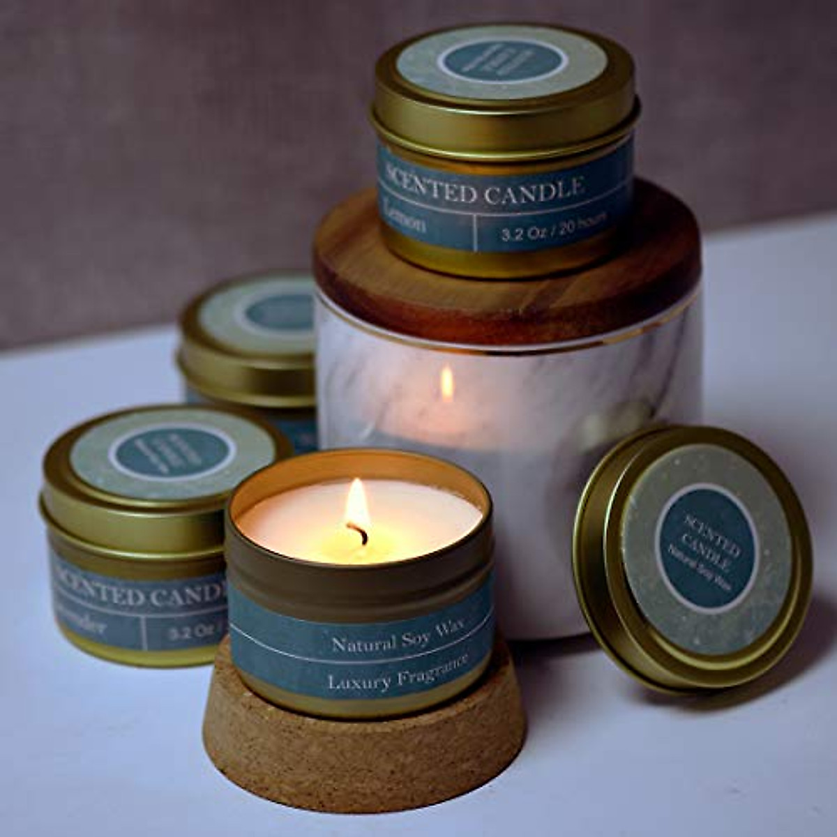 DEYBBY Natural Soy Wax Scented Candles 4 Pack 4oz Gift Set-Lavender, Vanilla, Lemon, Ocean Breeze Aromatherapy | 20 Hours Long Lasting Burning Travel Tin Candles for Stress Relief Relaxation BathYoga