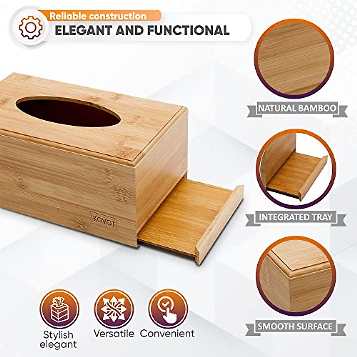 KOVOT Rectangular Tissue Box Holder - Natural Bamboo Tissue Box Cover with Sliding Bottom - Modern Brown Natural Wooden Rectangular Tissue Holder - Fits a Standard Tissue Box 9.25" L x 5" W x 3.75" H
