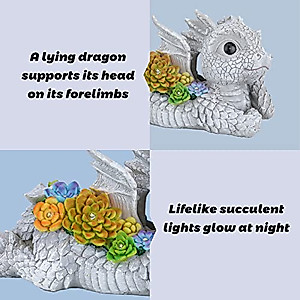 Ovewios Garden Dragon Statue Outdoor Decor, Dragon Garden Sculpture Waterproof Solar LED Lights Resin Succulent Decorations for Outside Lawn Patio Patio Yard Ornament Gifts