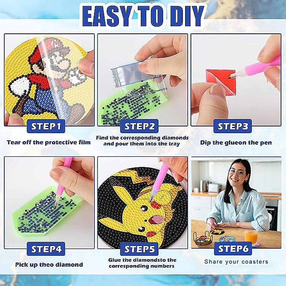8 PCS Diamond Painting Coasters Kits with Holder - Cartoon Diamond Art Coasters for Adults Kids Beginner,DIY Child Memery Round Full Drill Diamond Dot Paint by Number Stitch Arts and Crafts Gift