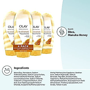 Body Wash by Olay, Moisture Ribbons Plus Shea + Manuka Honey Body Wash, 18 fl oz (Pack of 4)