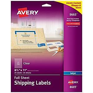 Avery Full Sheet Printable Shipping Labels, 8.5" x 11", Matte Clear, 25 Blank Mailing Labels (8665)