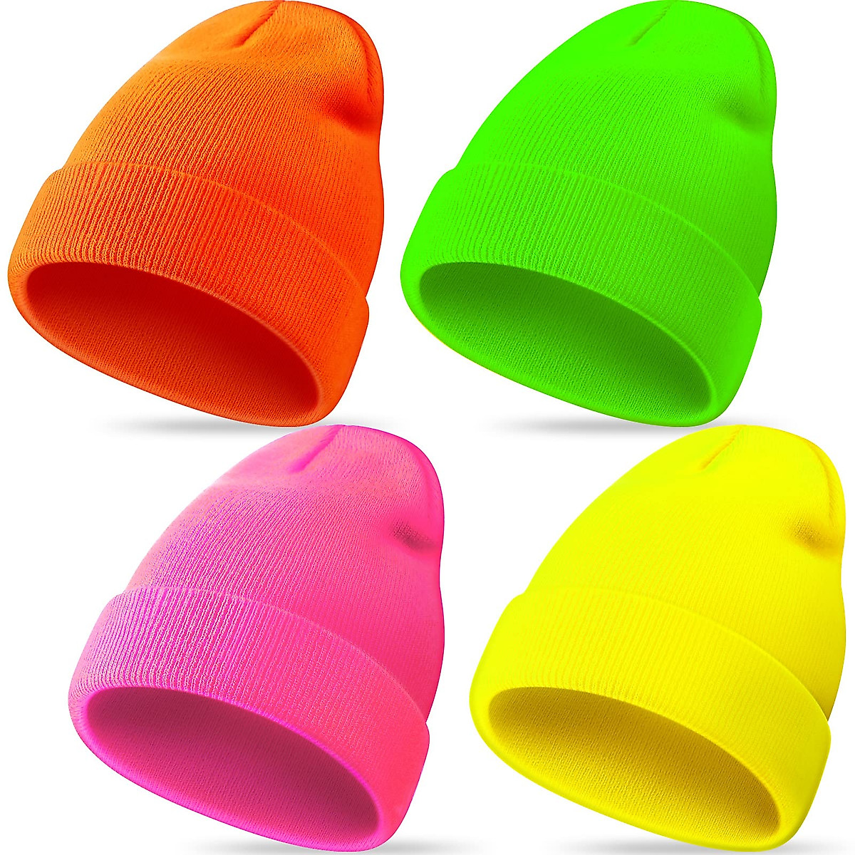 JenPen Neon Beanie Hat Slouchy Beanie Cap Unisex Knitted Winter Hat Ski Plain Beanie Cap for Men and Women (4 Pieces), Green, Yellow, Orange and Pink, One Size