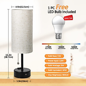 Small Bedside Table Lamp with 3 Color Temperatures, Kids Mini Bedside Lamp, Pull Chain Nightstand End Table Lamp with USB Port & AC Outlet for Bedroom Guestroom Livingroom Dorm, Beige, 1 Pack